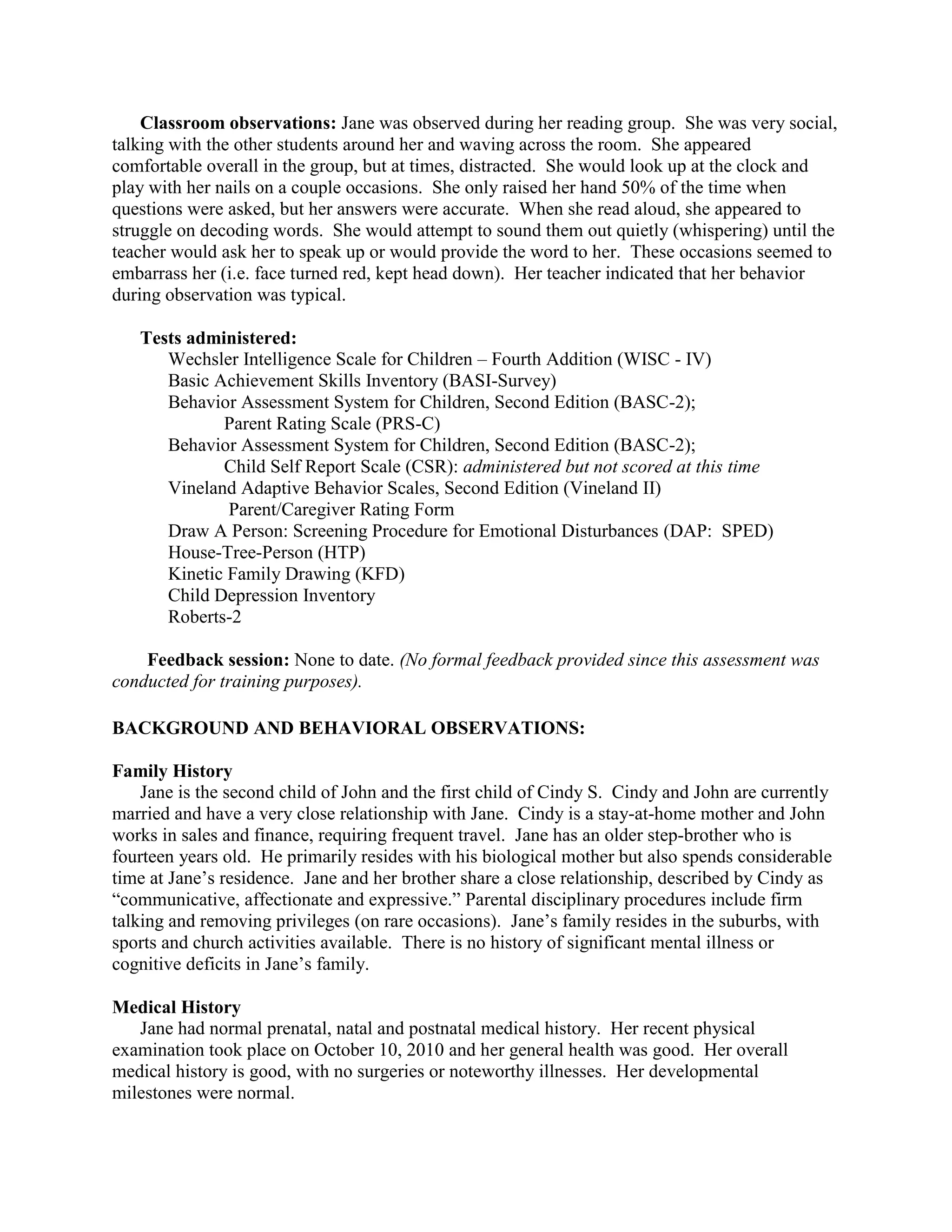 Full Psychological Report.Sample | DOCX