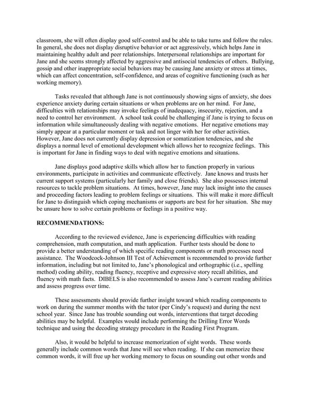 Full Psychological Report.Sample | DOCX | Parenting Children Aged 4-11 ...