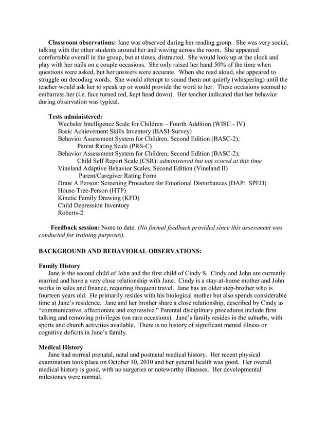 Full Psychological Report.Sample | DOCX | Parenting Children Aged 4-11 ...
