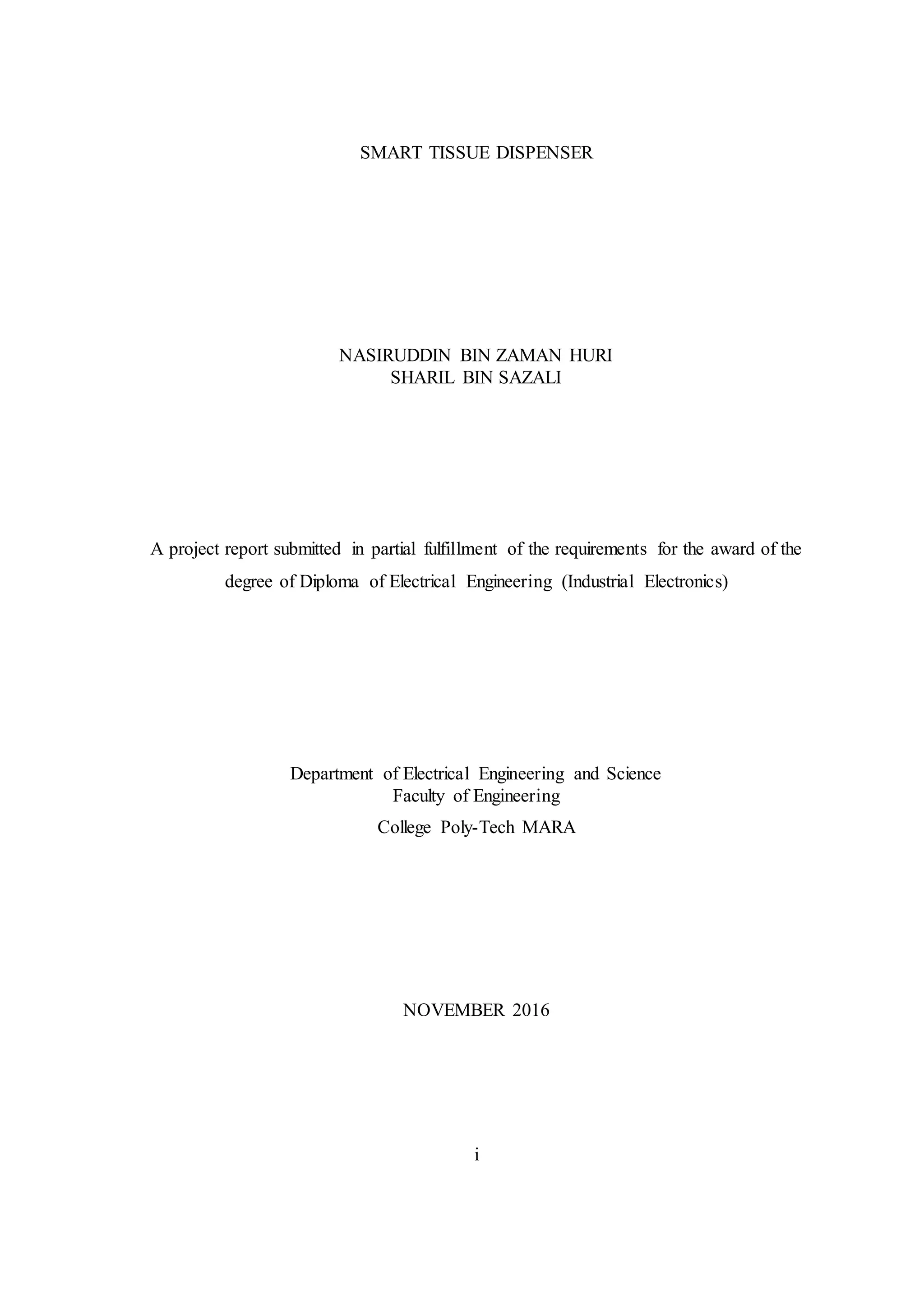 Full report Final Year Project ( SMART TISSUE DISPENSER) | DOCX