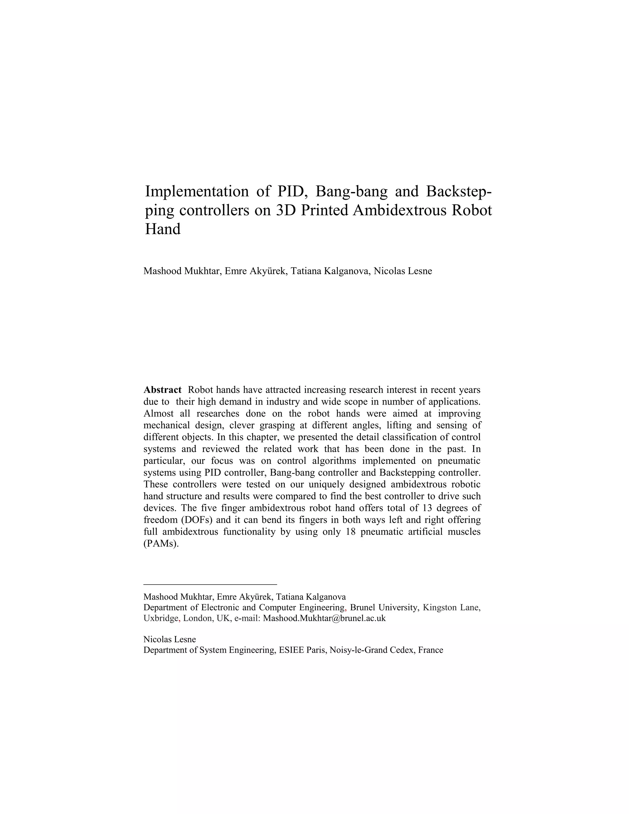 Implementation of PID, Bang–Bang and Backstepping Controllers on 3D Printed Ambidextrous Robot ...