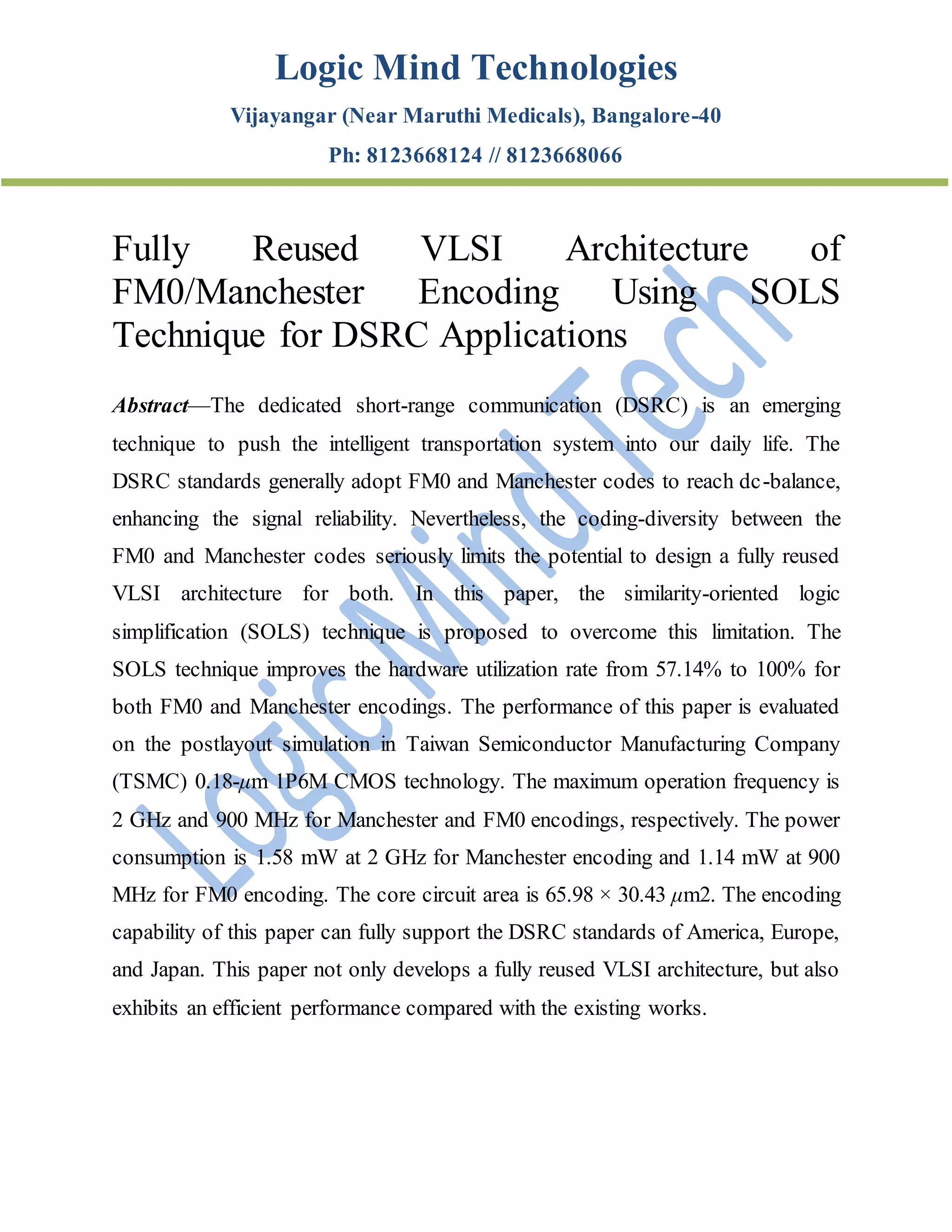 Fully reused vlsi architecture of fm0 manchester encoding using sols technique for dsrc ...