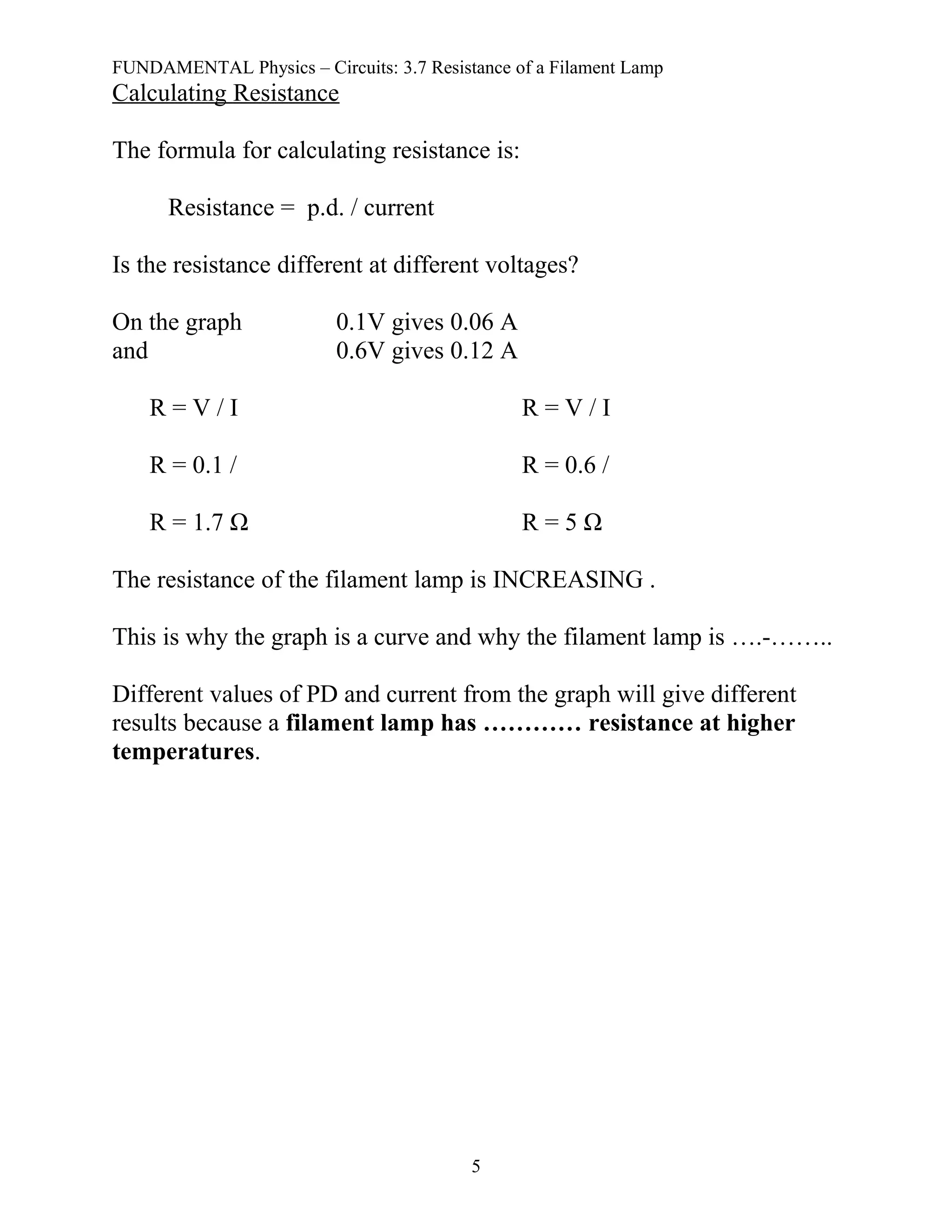 Fun 3.7 resistance of a filament lamp - notes | DOC