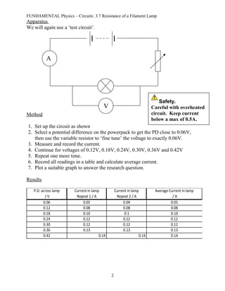Fun 3.7 resistance of a filament lamp - notes | DOC