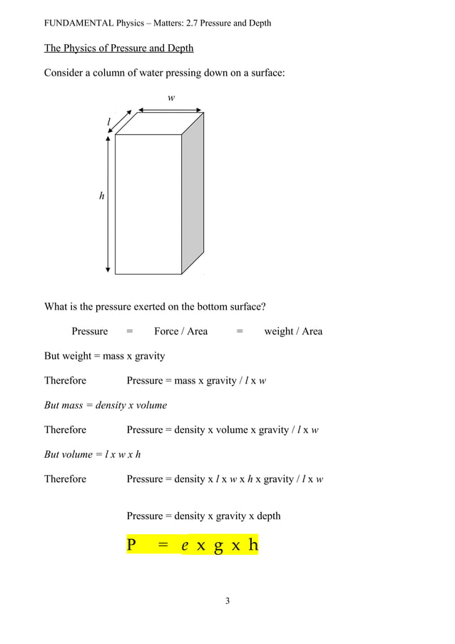 Fun2.7 pressure and depth notes | DOC | Scuba Diving | Extreme Sports