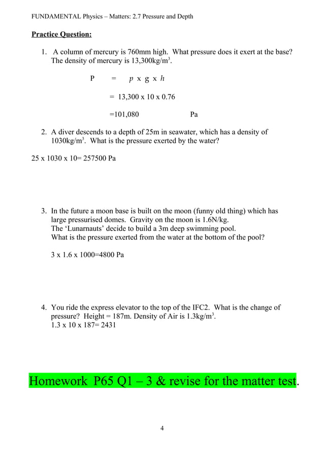 Fun2.7 pressure and depth notes | DOC | Scuba Diving | Extreme Sports