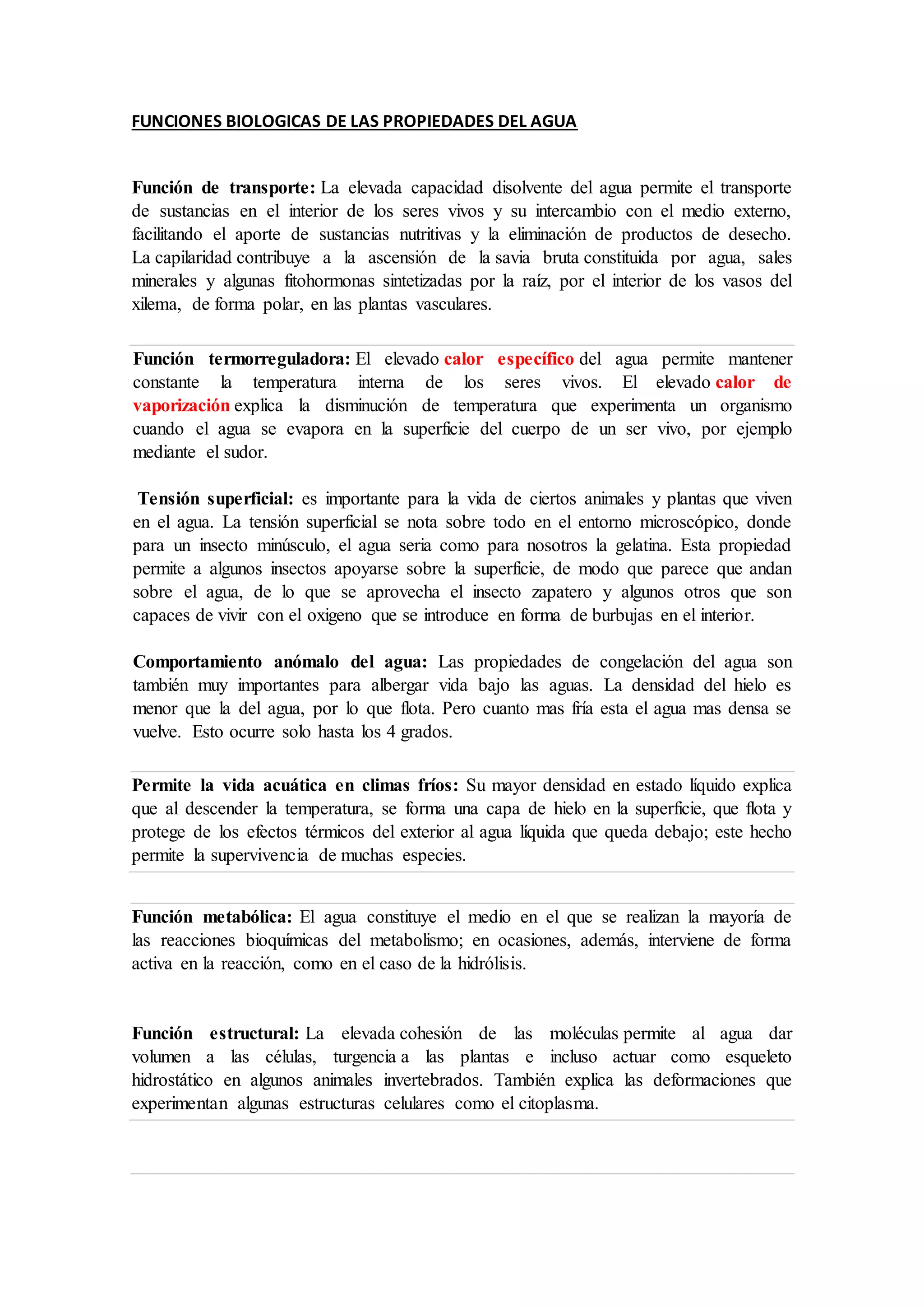 Funciones biologicas de las propiedades del agua | DOCX