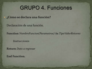 Funciones en visual basic | PPTX