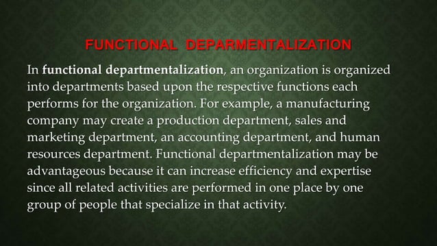 Functional departmentalization | PPTX | Business | Business and Finance