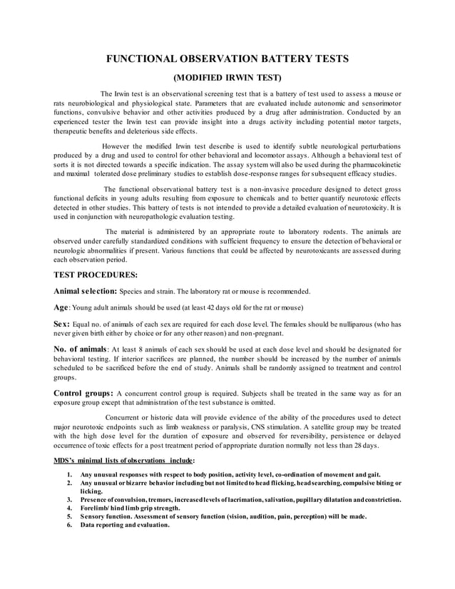 Functional observation battery tests | DOCX | Brain and Nervous System ...