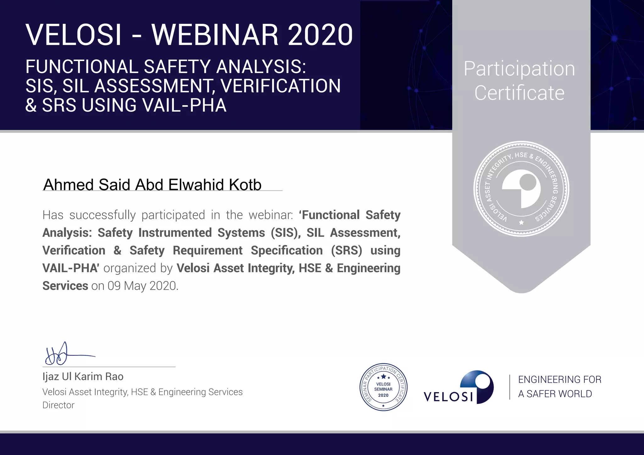 Certificate of Completion "Functional Safety Analysis Safety Instrumented Systems (SIS), SIL ...