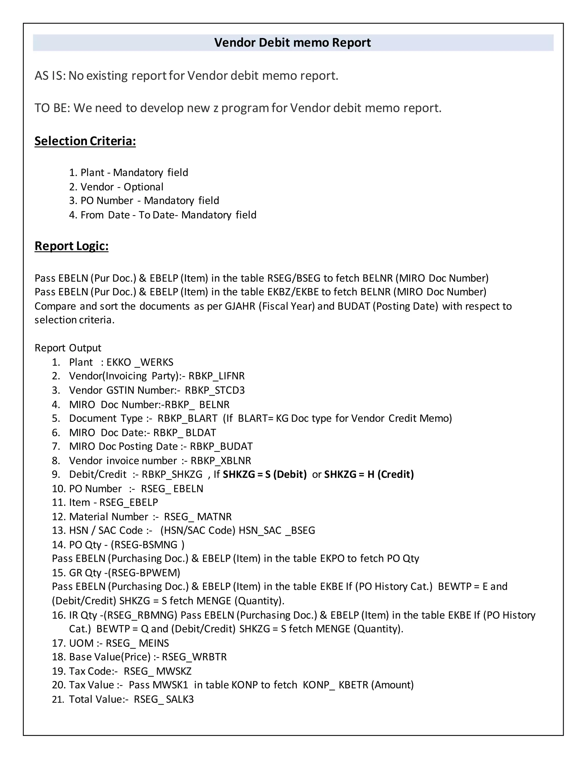 Functional spcification doc for vendor debit memo report | DOC