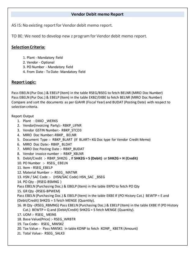 Functional spcification doc for vendor debit memo report | PDF