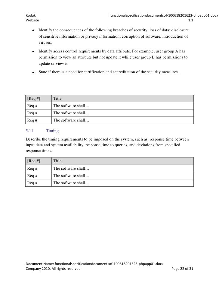 Functional specification documents of
