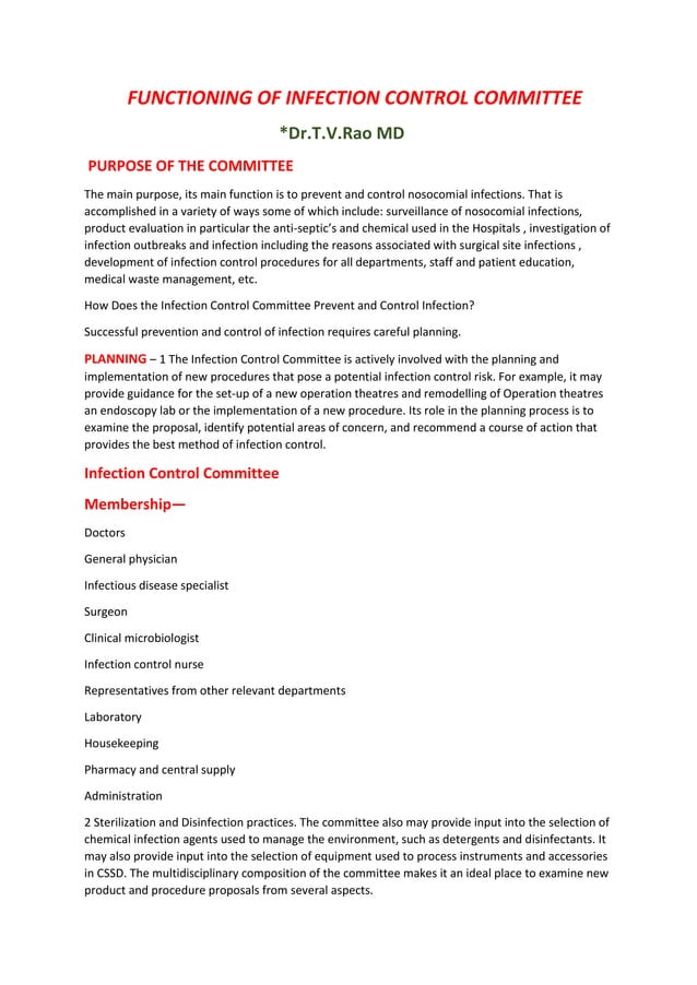 FUNCTIONING OF INFECTION CONTROL COMMITTEE | PDF | Infectious Diseases ...