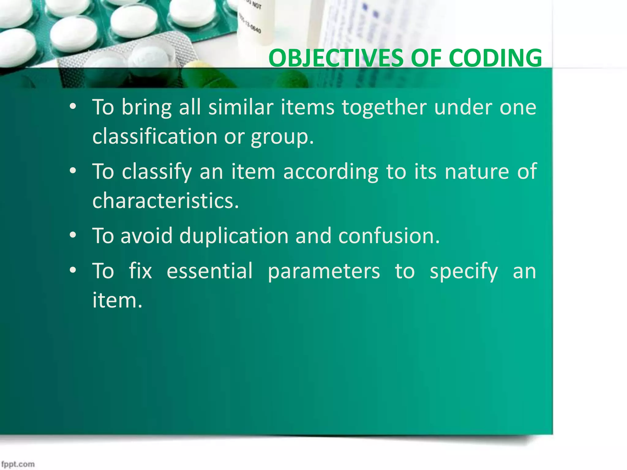 Function of drug store management & coding methods | PPTX