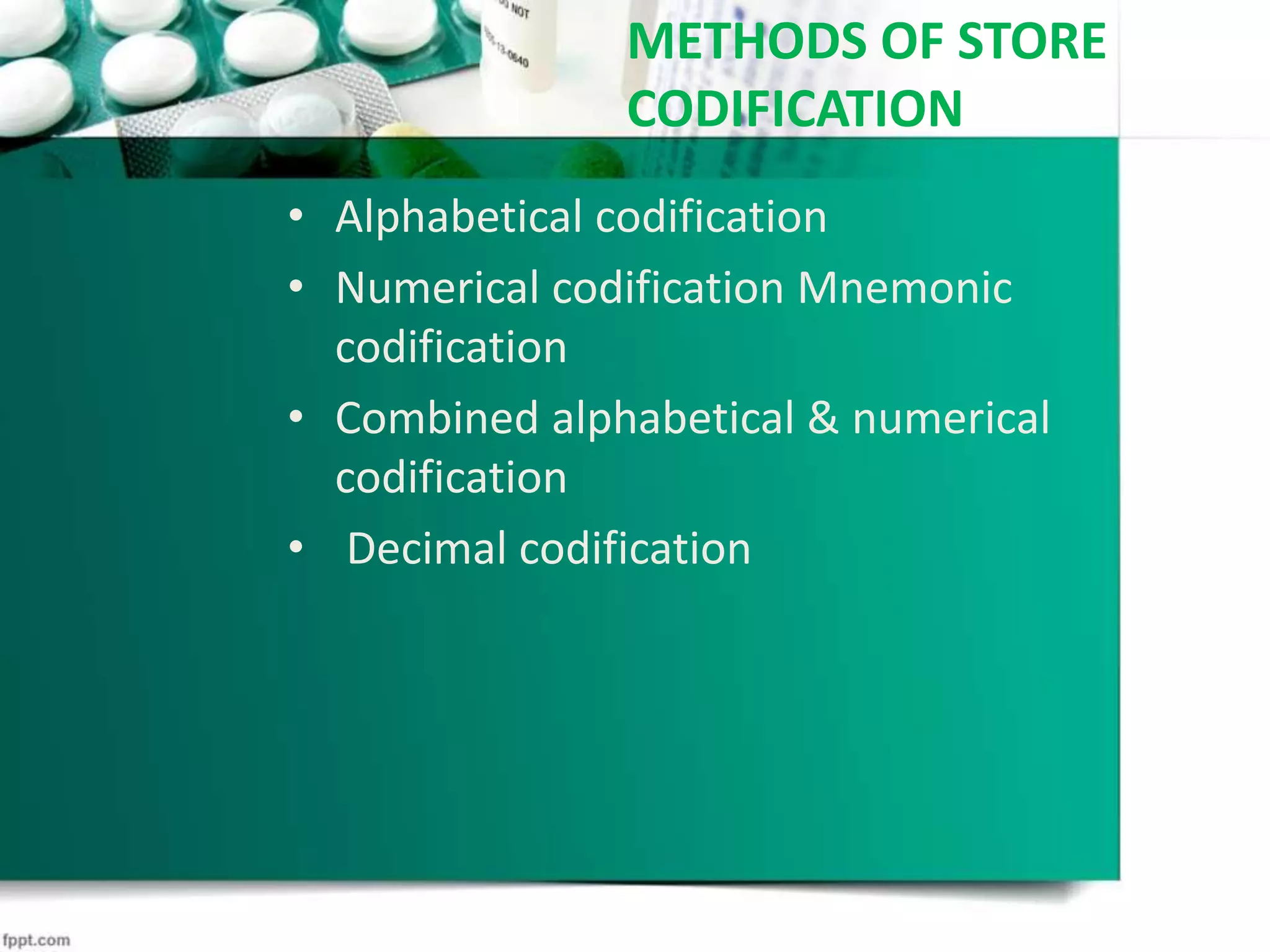 Function of drug store management & coding methods | PPTX