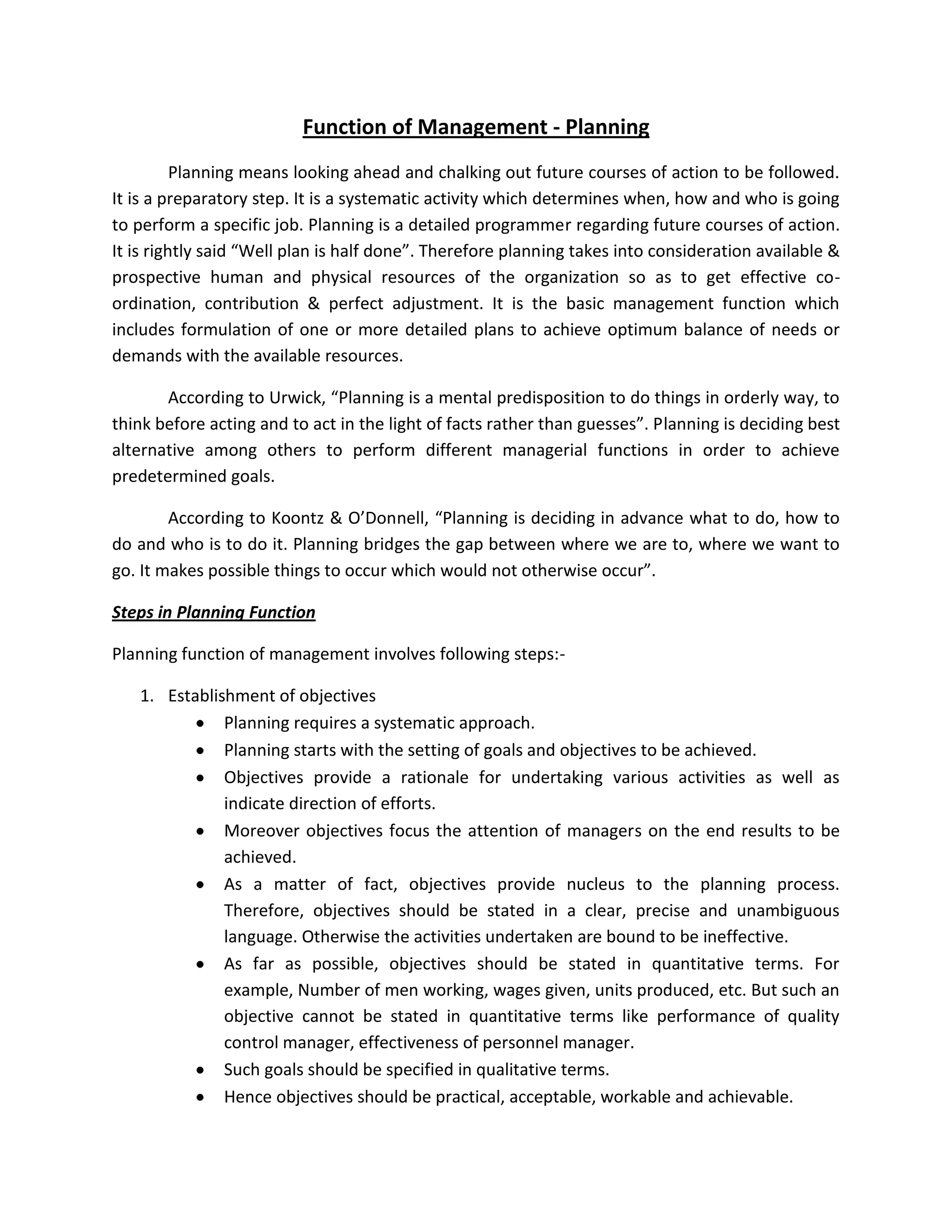 Function of management planning | PDF