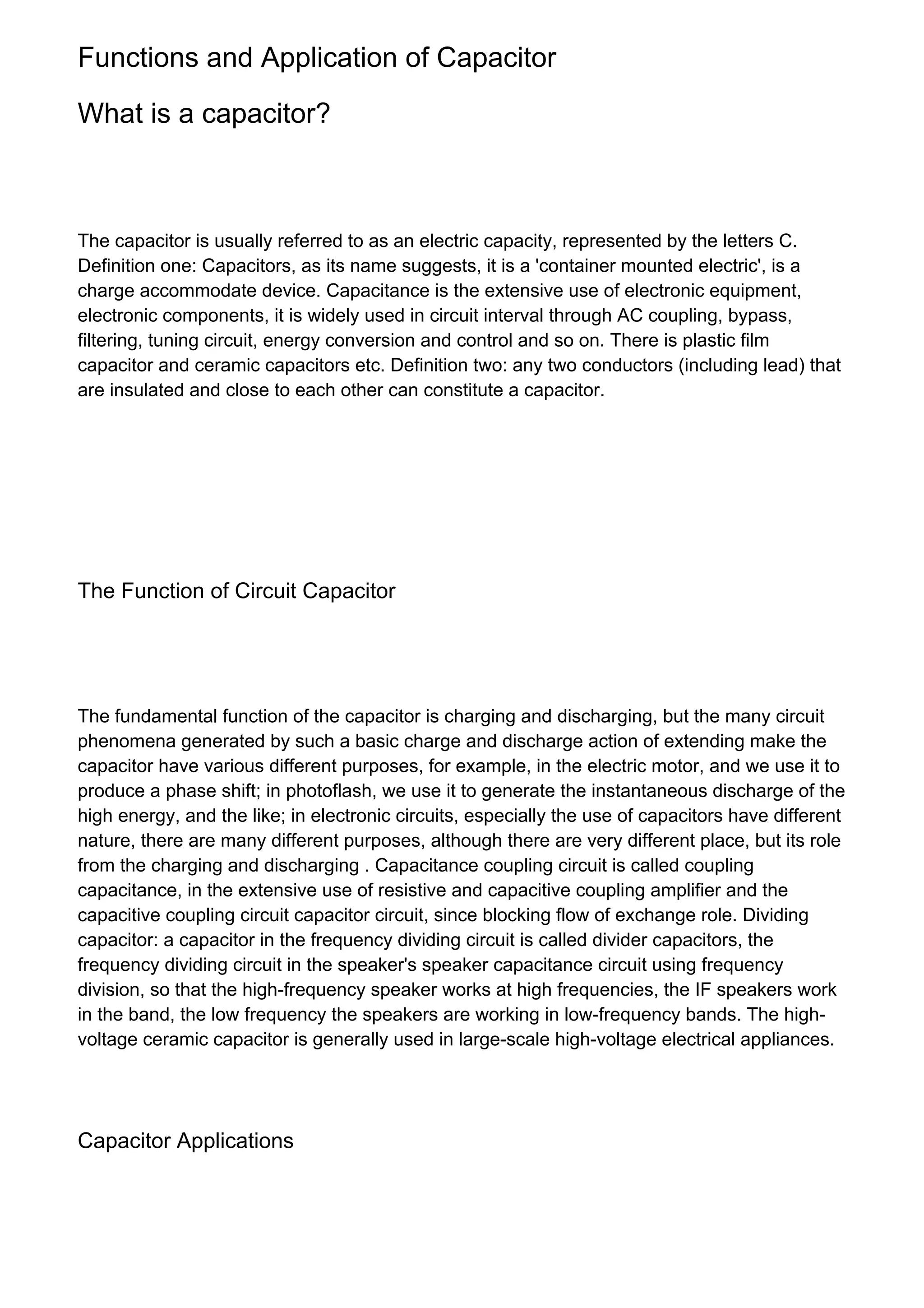 Functions and Application of Capacitor | PDF