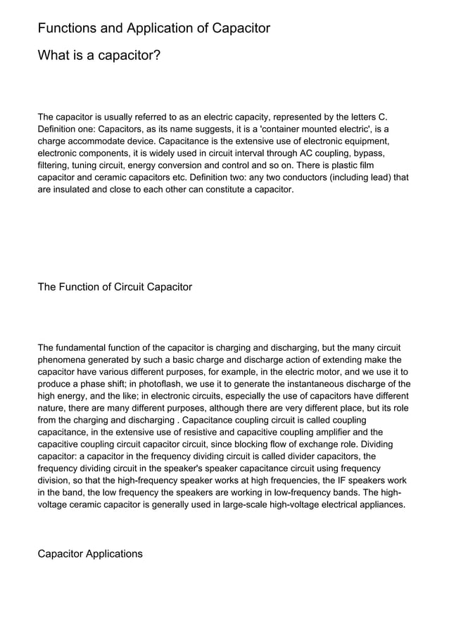 Functions and Application of Capacitor | PDF