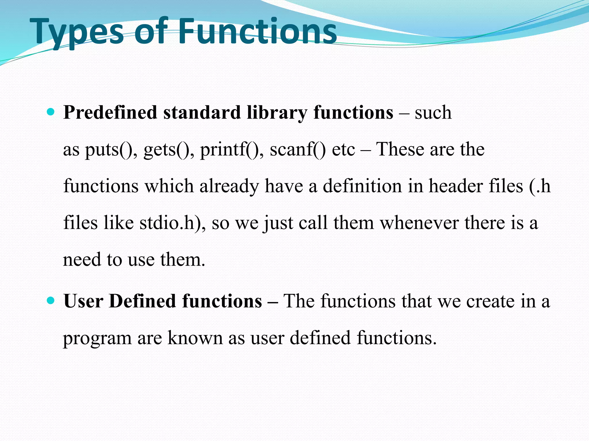 Functions in c | PPTX | Web Development | Internet