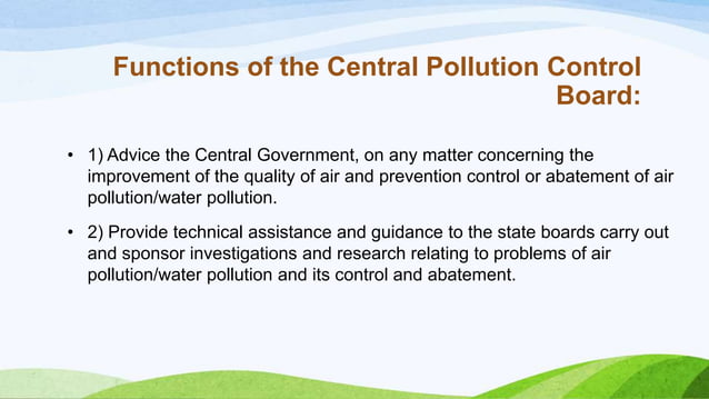 Functions of central pollution control board | PPTX | Environmental ...