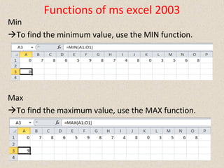 Functions of ms excel 2003 | PPT