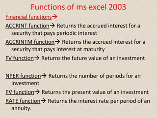 Functions of ms excel 2003 | PPT