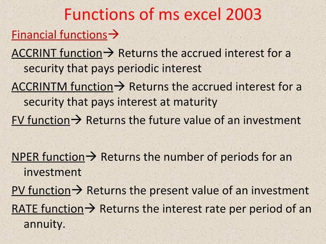 Functions of ms excel 2003 | PPT