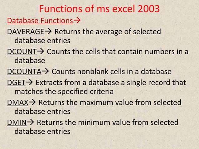 Functions of ms excel 2003 | PPT