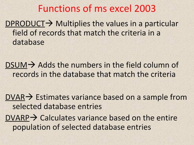 Functions of ms excel 2003 | PPT