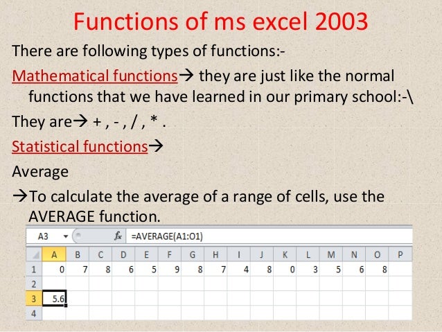 Functions of ms excel 2003