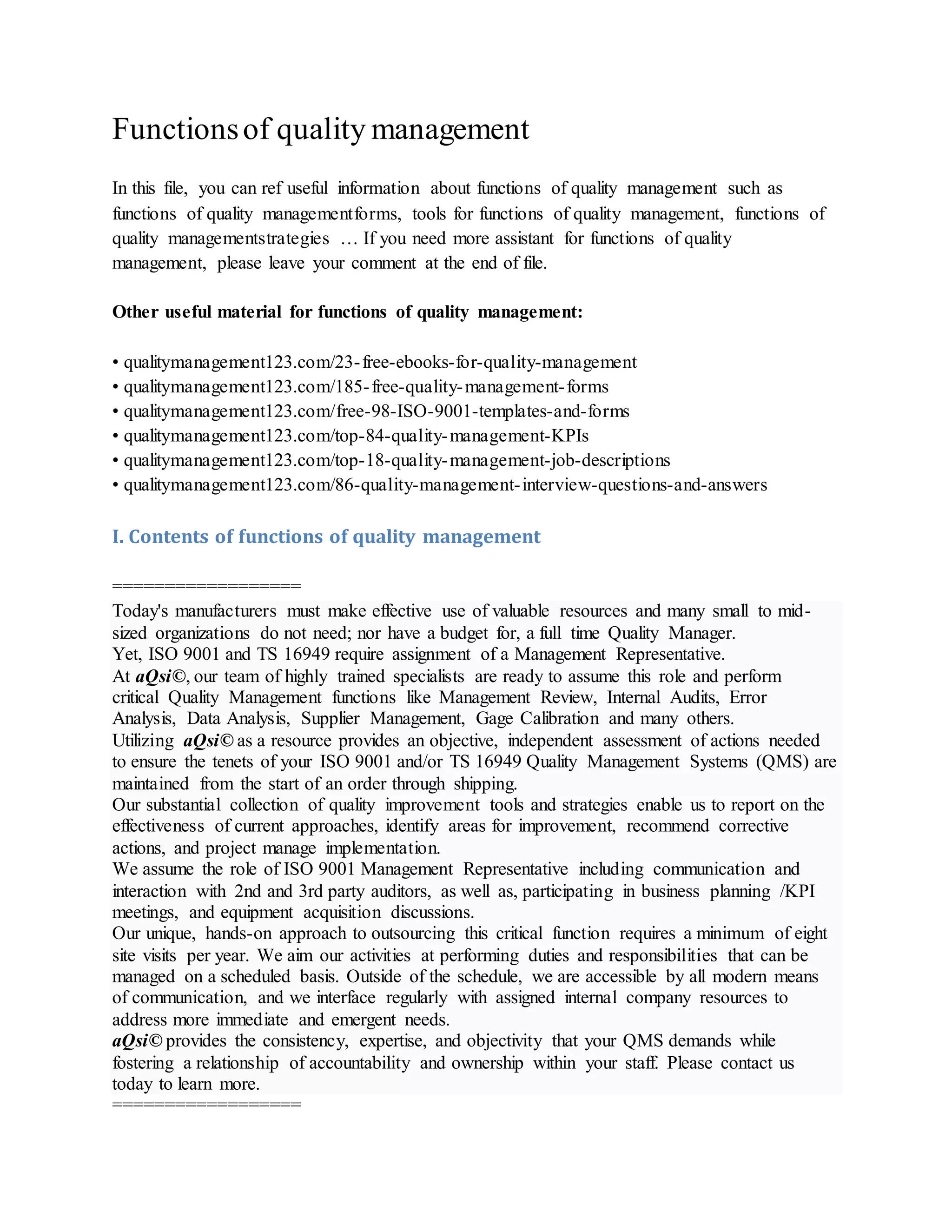 Functions of quality management | PDF