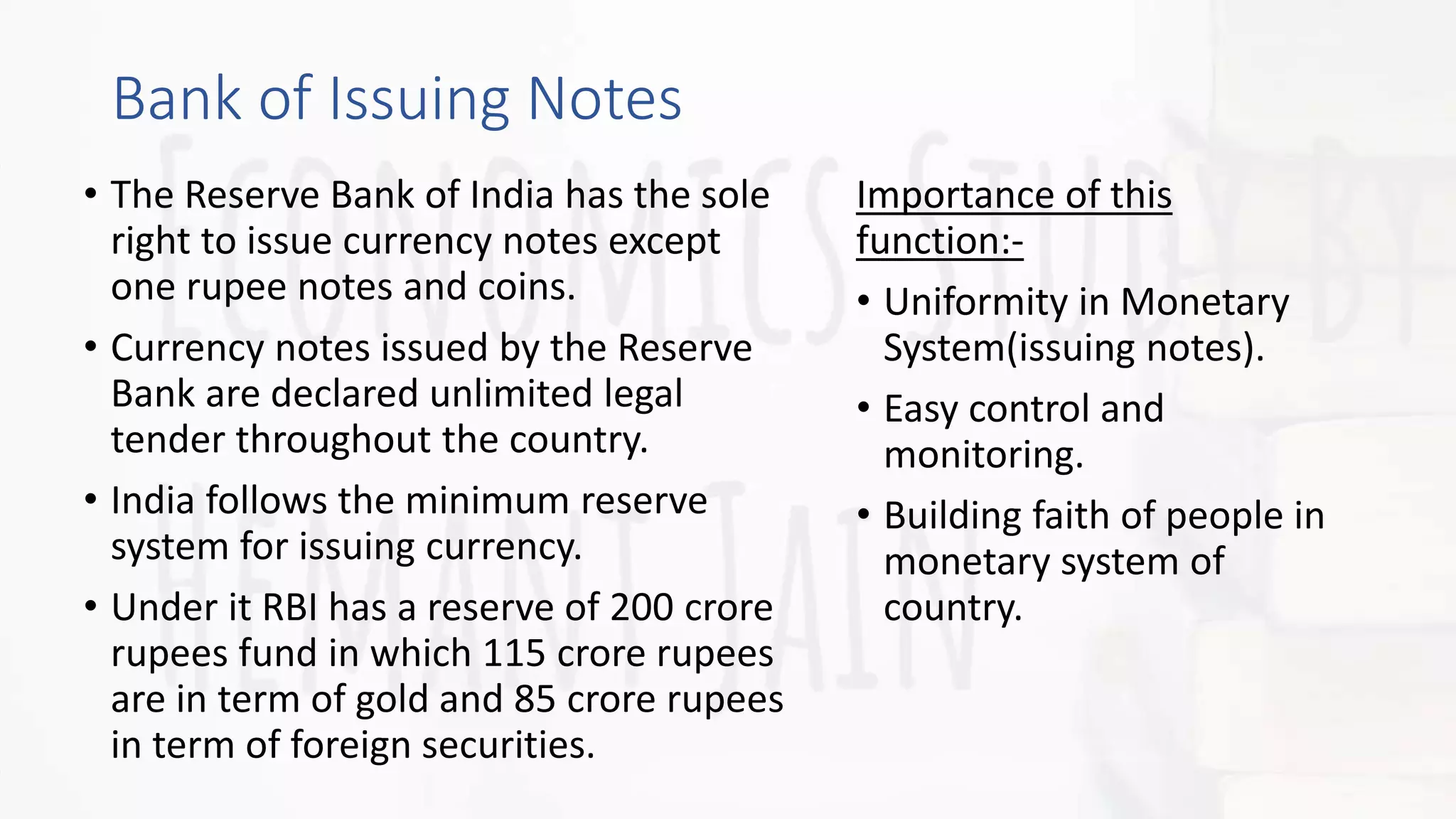 Functions of RBI / Central Bank | PPTX