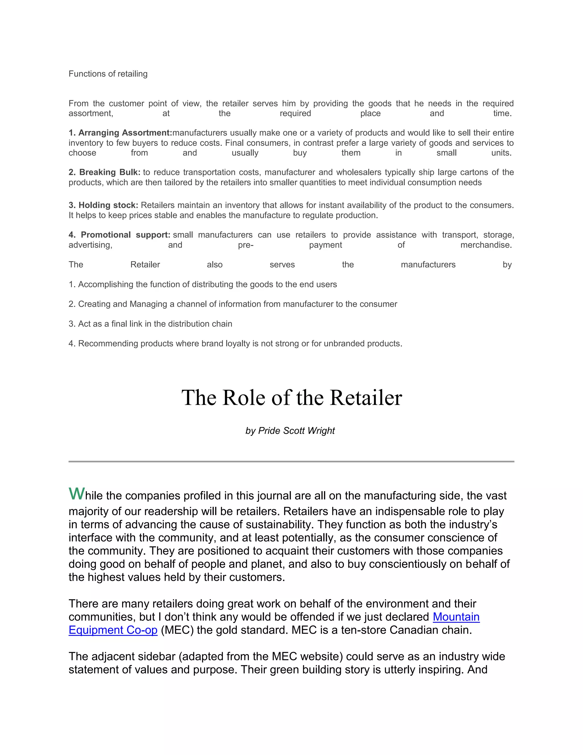 Functions , roles of retailing | DOCX | Retail Industry | Industries