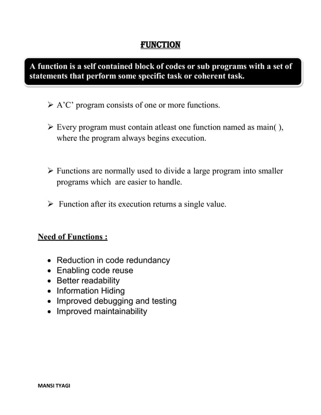 Function In C Programming Unit 6 Bca I Sem Pdf 