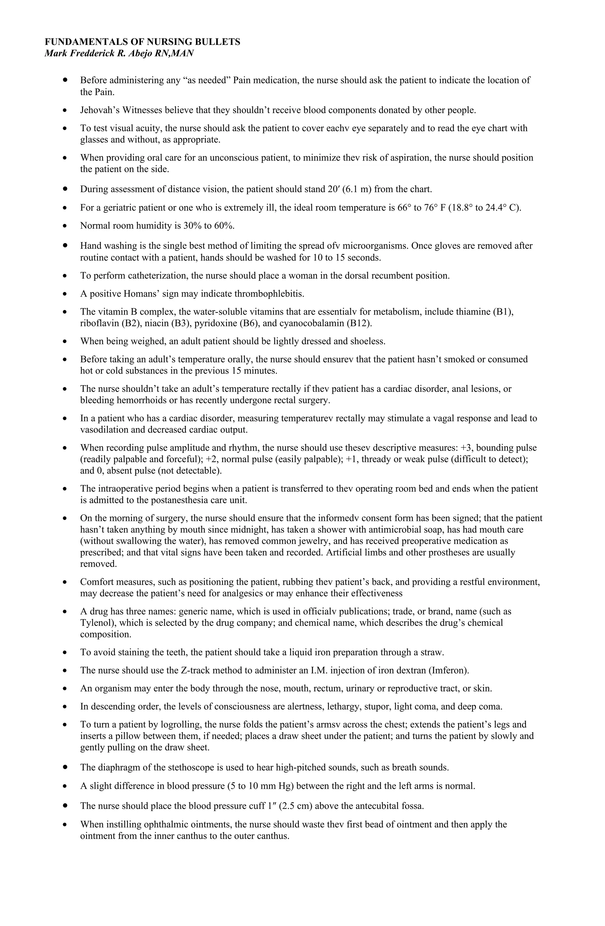 Fundamentals of Nursing Review Bullets | DOC