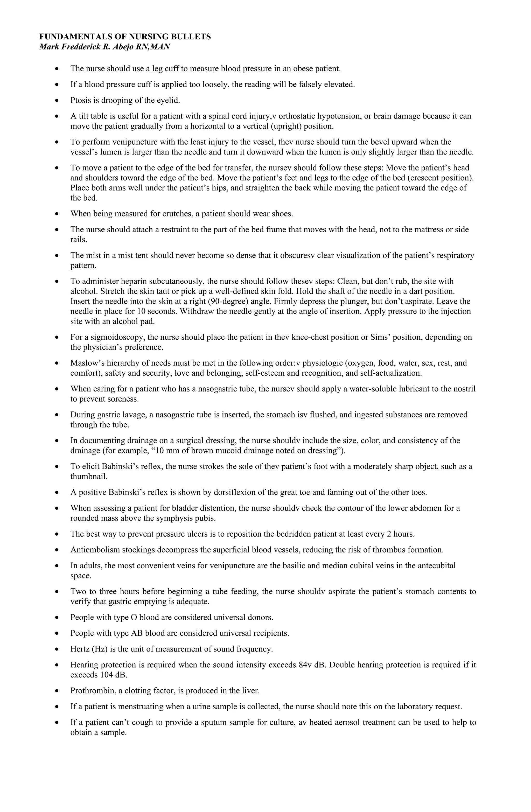 Fundamentals of Nursing Review Bullets | DOC