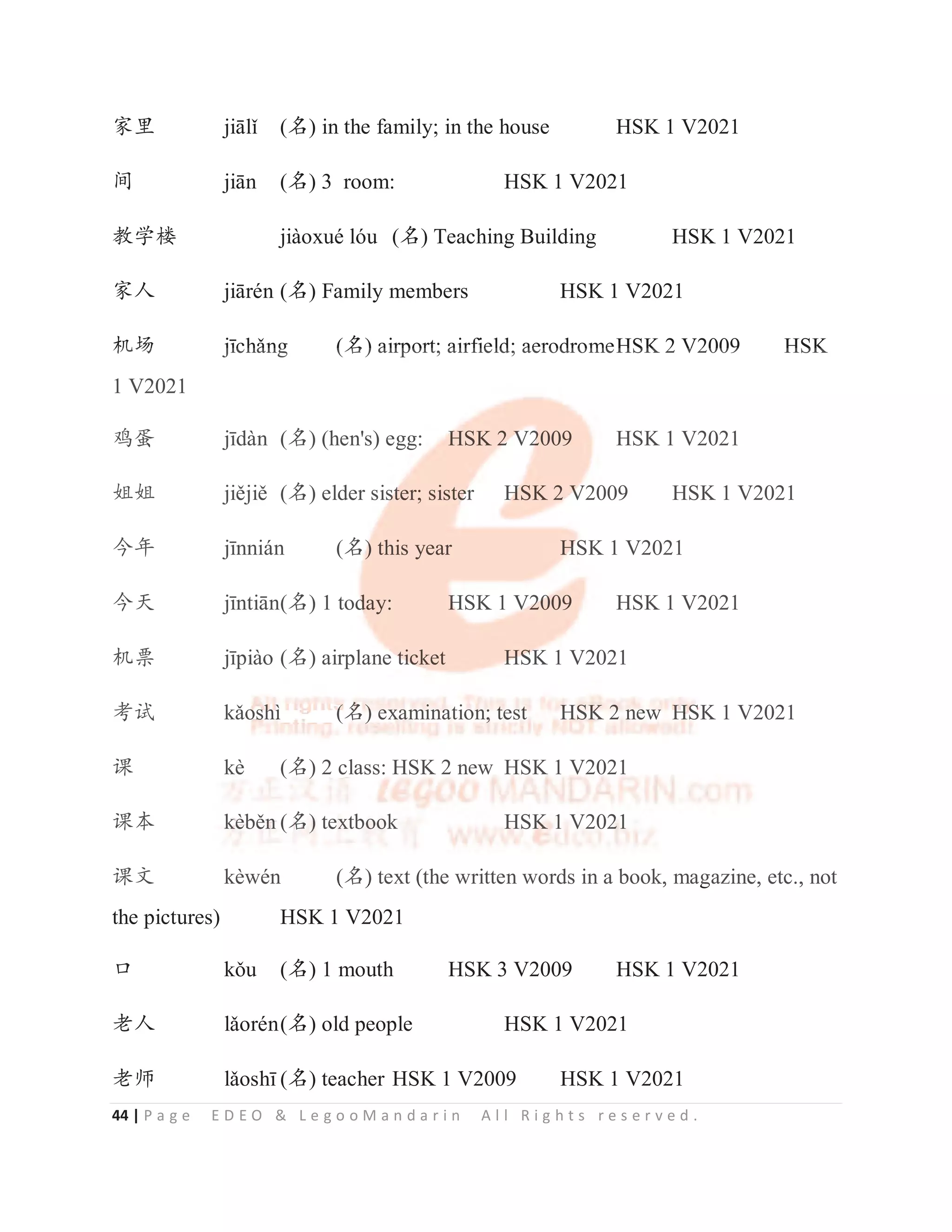 Fundamental Chinese Vocabulary (1300 Words) 国际中文考试必知词汇 sample | PDF