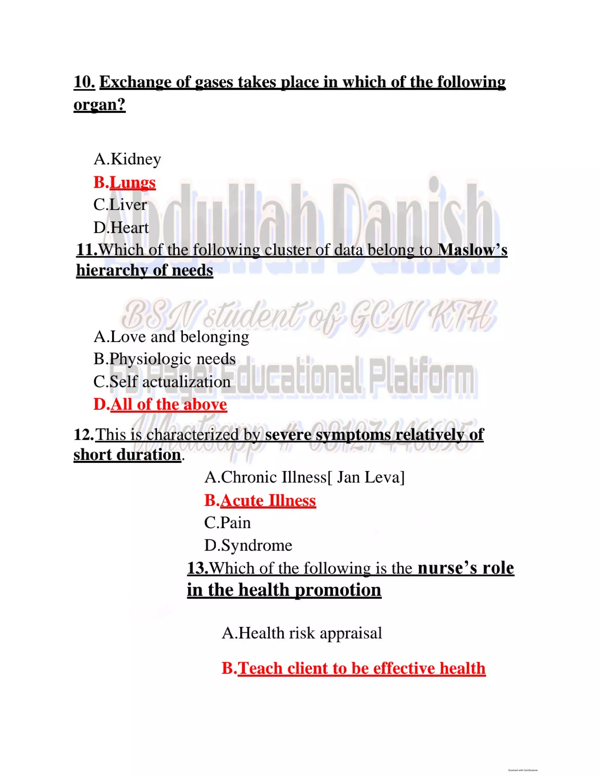 Fundamental of Nursing 1st semester BSN mcqs with answer key,Educational Platform AD.pdf