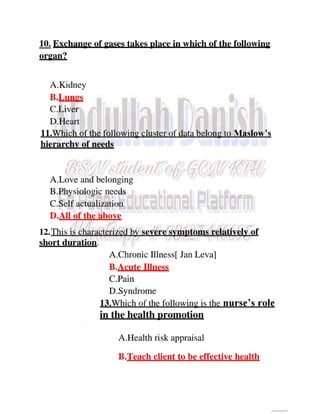 Fundamental of Nursing 1st semester BSN mcqs with answer key,Educational Platform AD.pdf