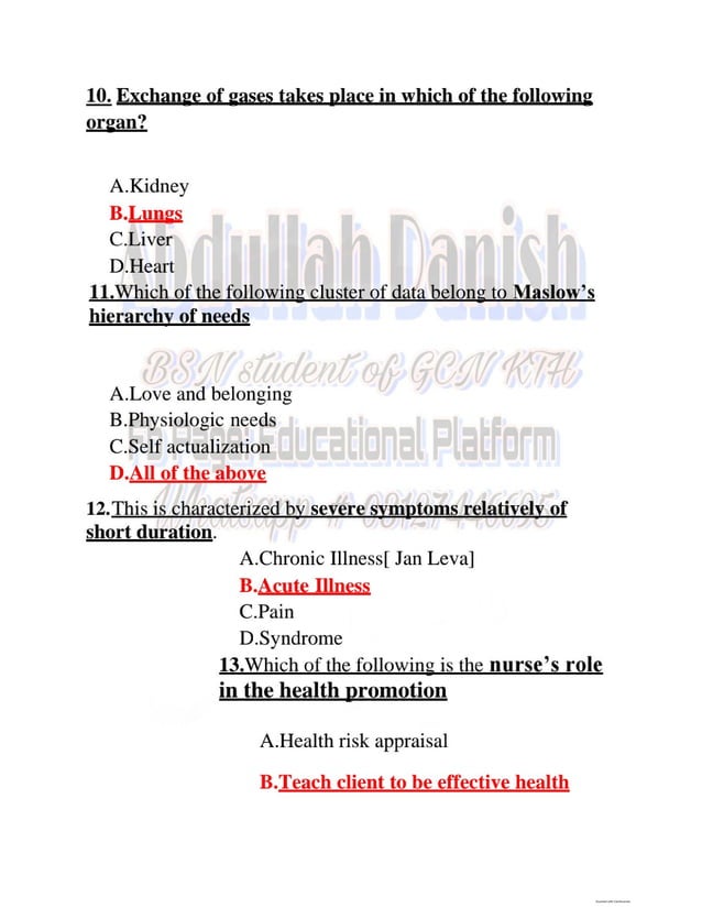 Fundamental of Nursing 1st semester BSN mcqs with answer key,Educational Platform AD.pdf ...