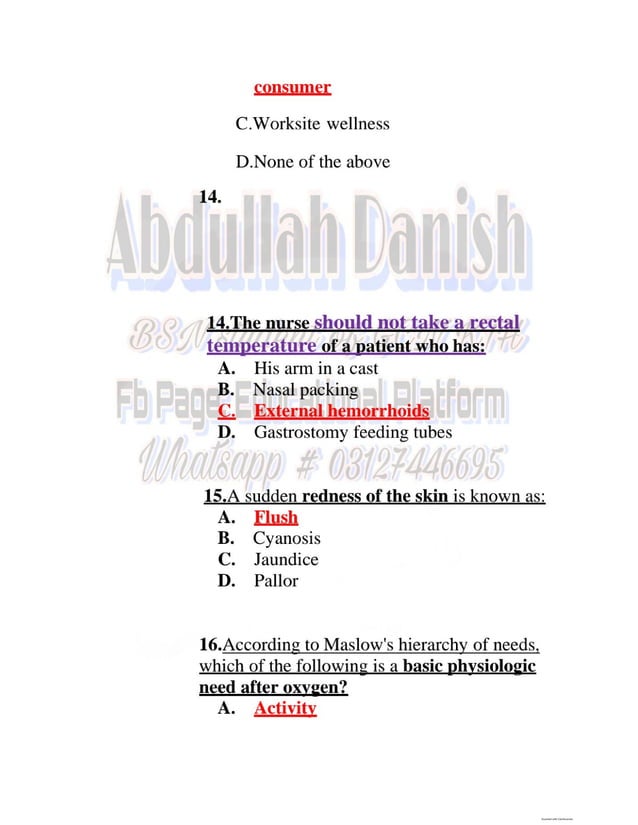 Fundamental of Nursing 1st semester BSN mcqs with answer key,Educational Platform AD.pdf ...