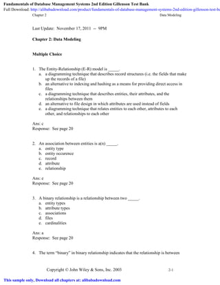 Fundamentals of Database Management Systems 2nd Edition Gillenson Test ...