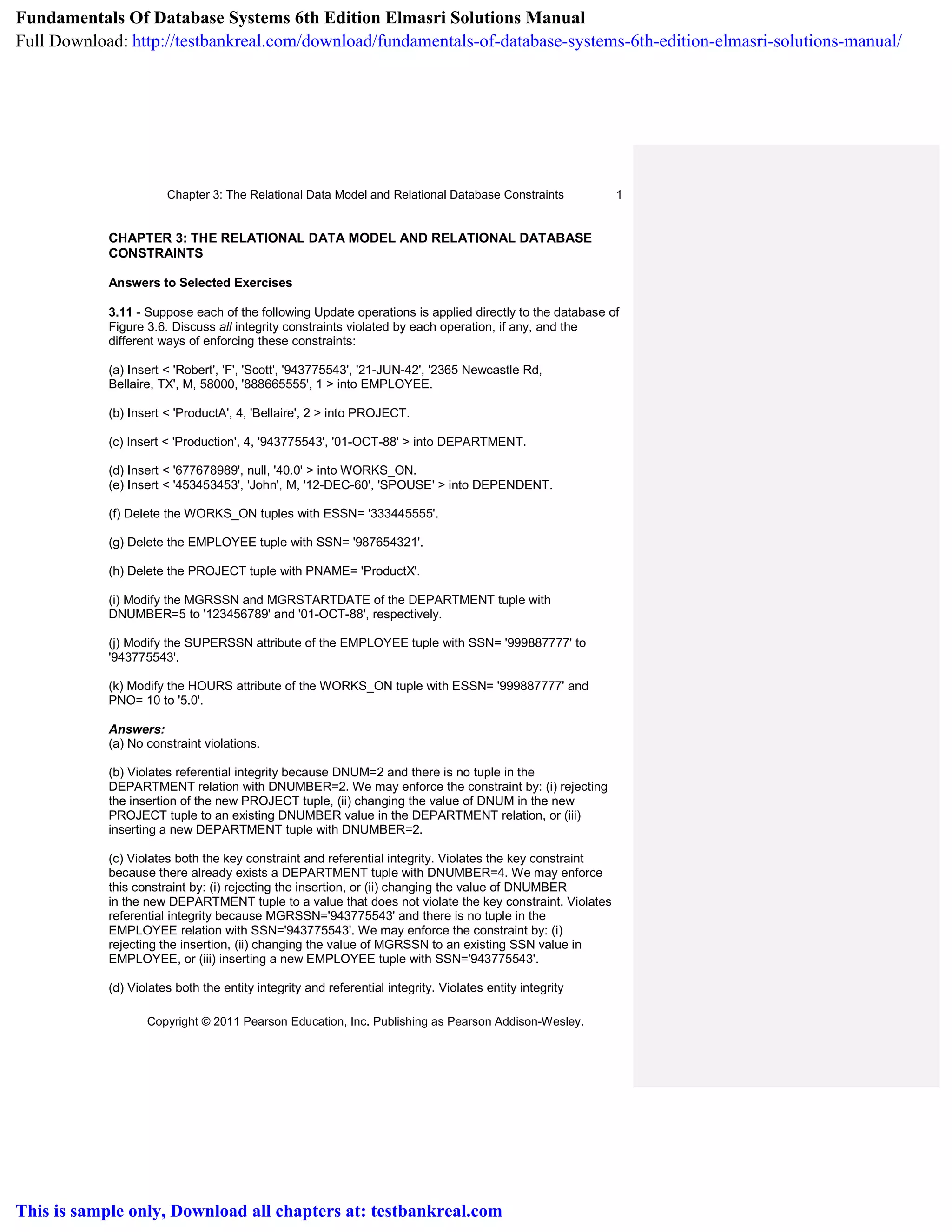 Fundamentals of Database Systems 6th Edition Elmasri Solutions Manual | PDF