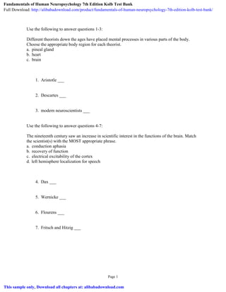 Fundamentals of Human Neuropsychology 7th Edition Kolb Test Bank | PDF