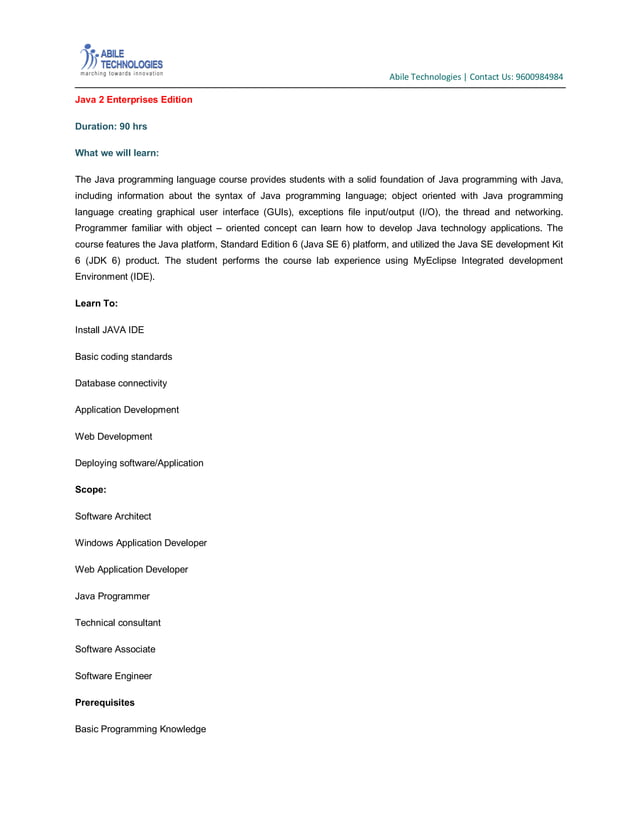 JAVA J2EE Training in Coimbatore - Fundamentals of Java J2EE | PDF