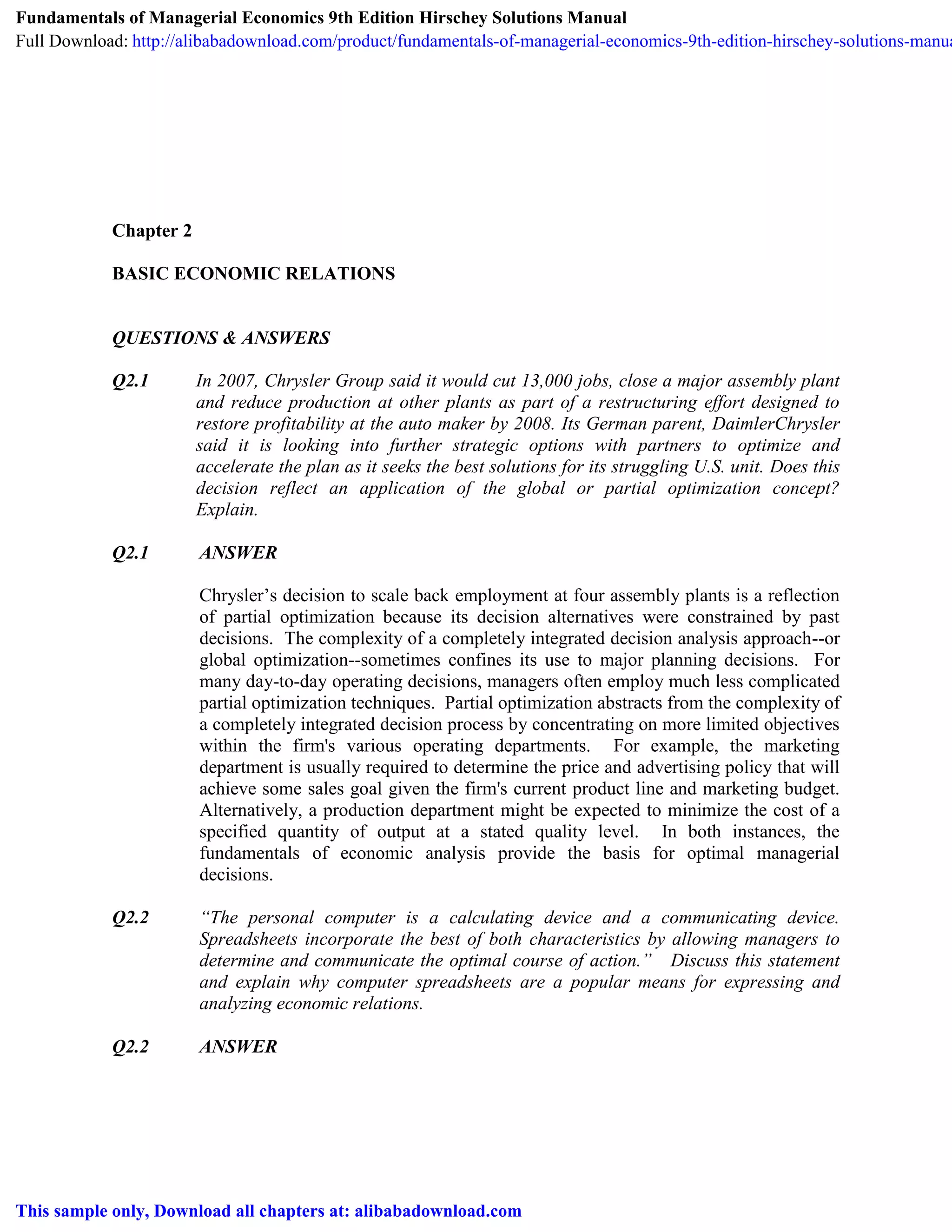Fundamentals of Managerial Economics 9th Edition Hirschey Solutions ...