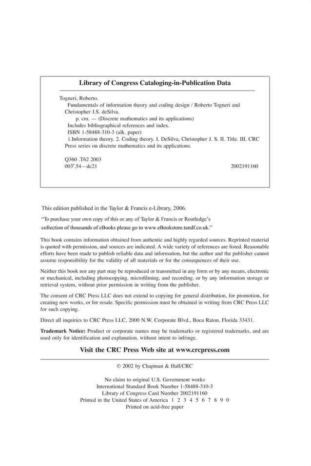 Fundamentals Of Informationtheoryandcodingdesigndiscretemathematicsanditsapplications