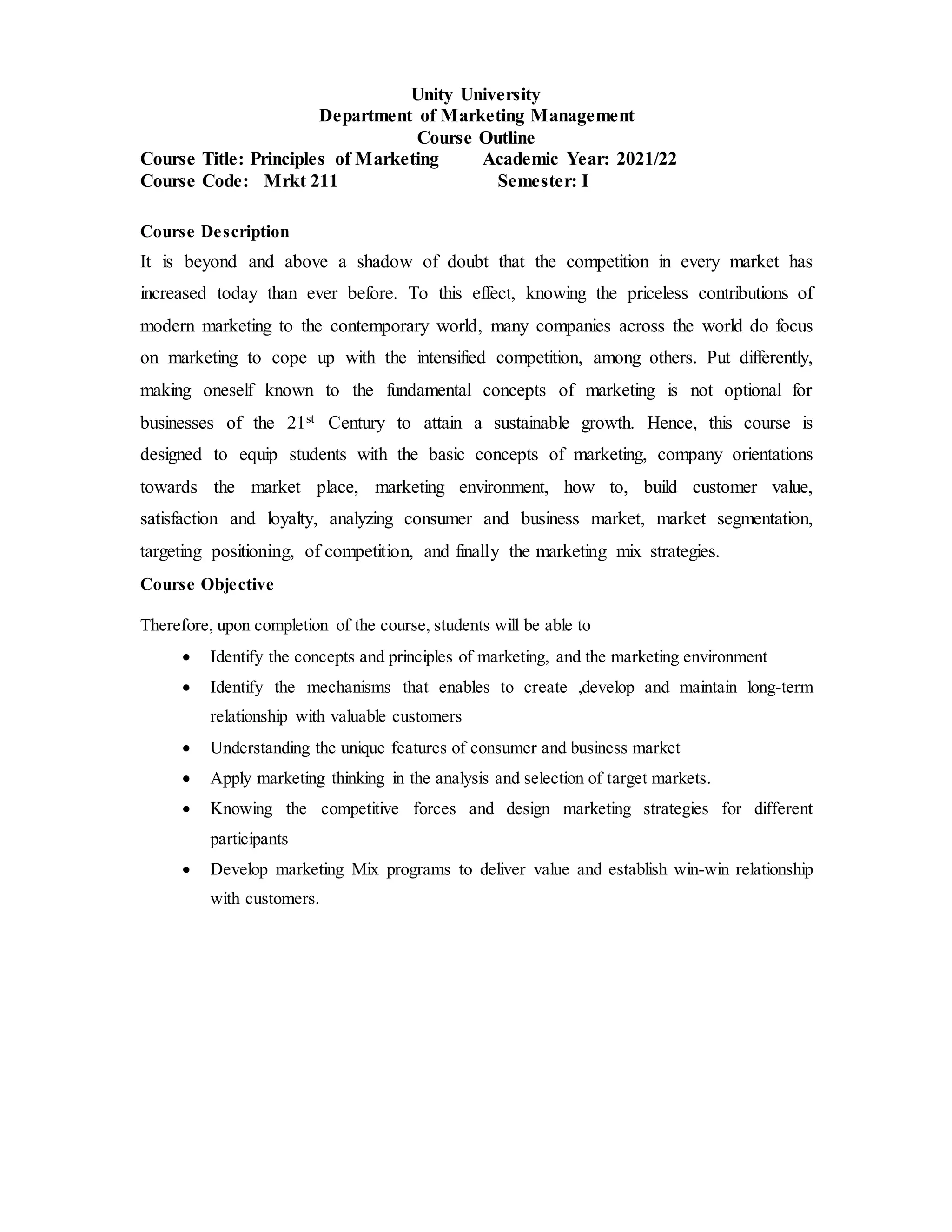 Fundamentals of Marketing Course Outline.doc